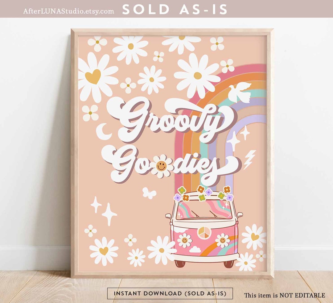 Groovy Birthday Party Decor Pink Groovy Van Daisy Goodies Sign Decor ...