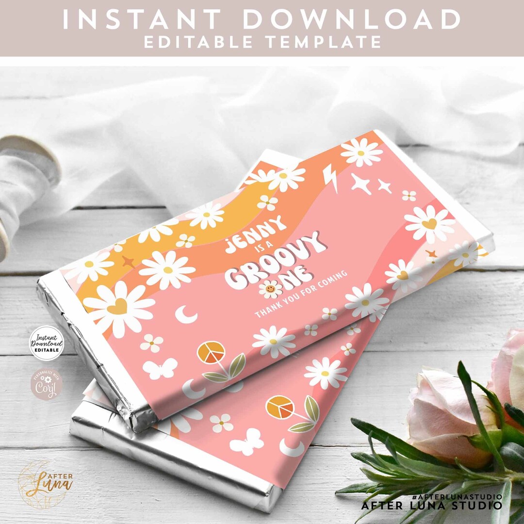Editable Boho Groovy Daisy Rainbow Peach Pink Birthday Chocolate Bar ...
