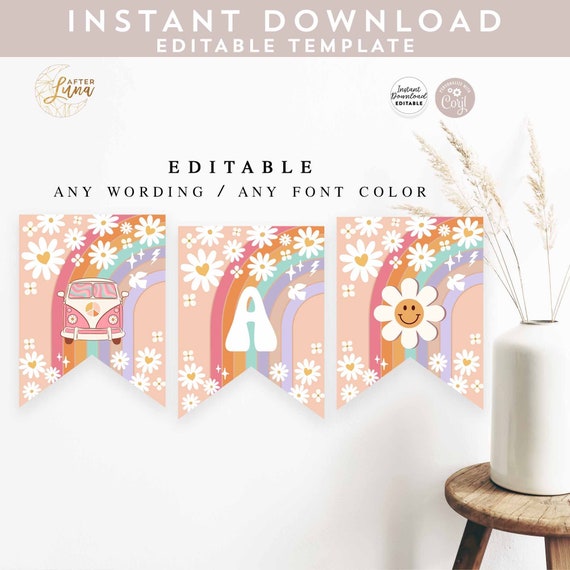 Editable Groovy Rainbow Pennant Banner Mint Green Two Groovy - Etsy