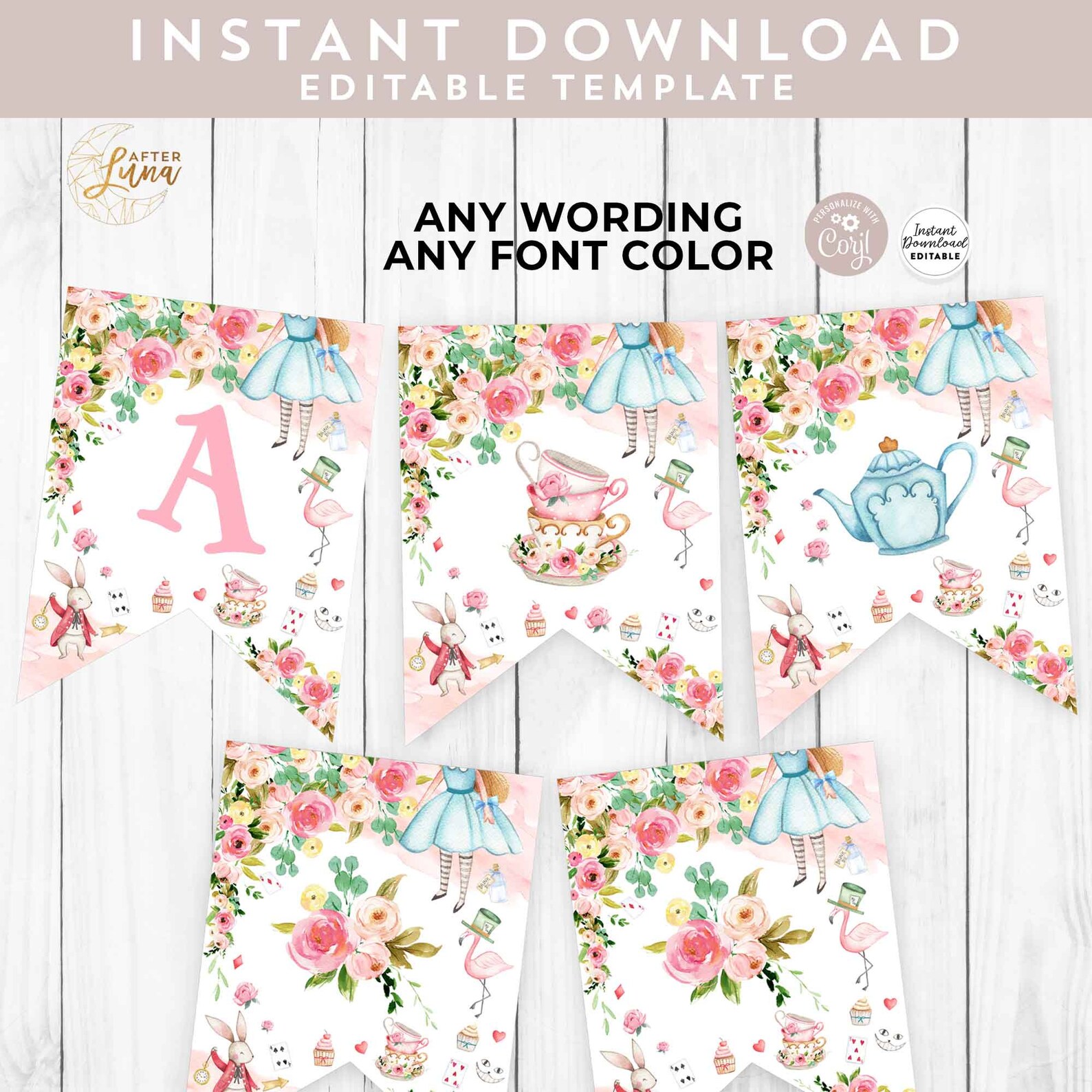 Editable ANY WORDING Alice in Wonderland Onederland Pennant Banner 8 ...
