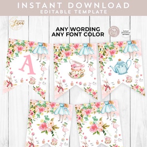 Editable ANY WORDING Alice in Wonderland Onederland Pennant Banner 8 ...