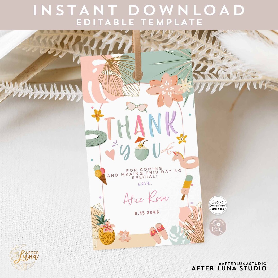 Editable Summer Pool Party Birthday Favor Tag Girl Pool Party Tropical ...