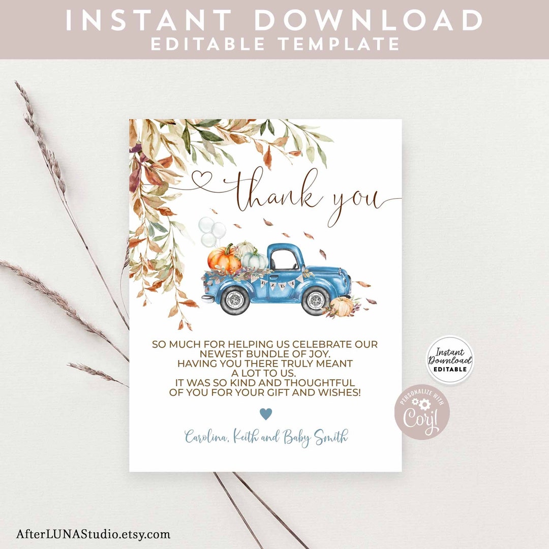 Editable Fall Pumpkin Blue Pickup Truck Baby Shower A2 Thank You Flat ...