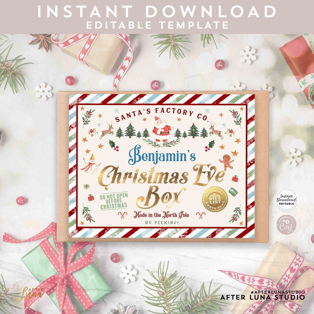EDITABLE Personalized Blue Christmas Eve Box Label Printable Christmas ...