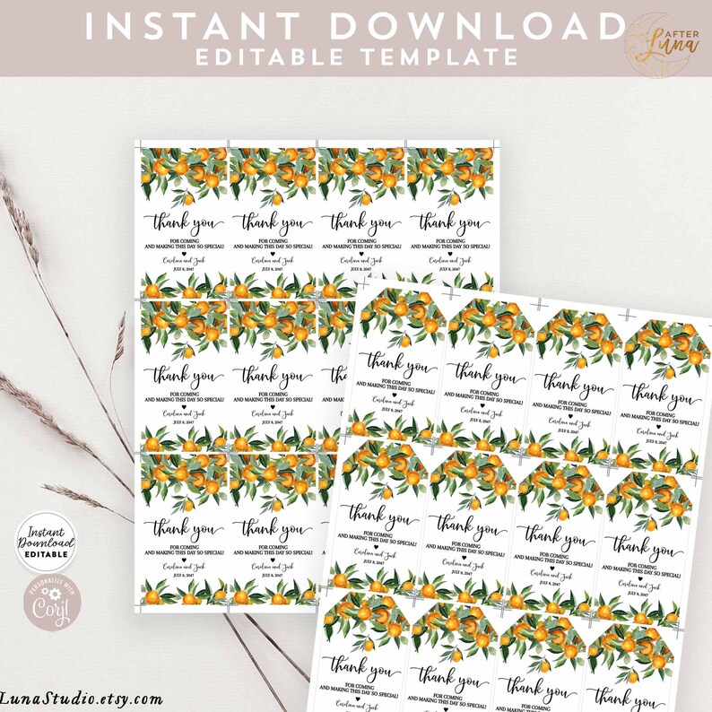 Editable Orange Thank You Favor Tag 3.5x2" A Little Cutie Baby Shower ...