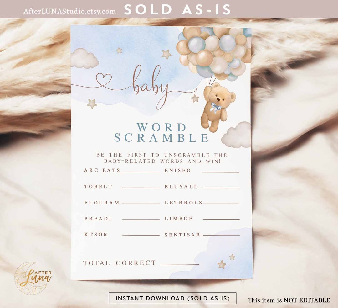 Blue Boy Teddy Bear Air Balloon Baby Word Scramble Game Boho We Can ...