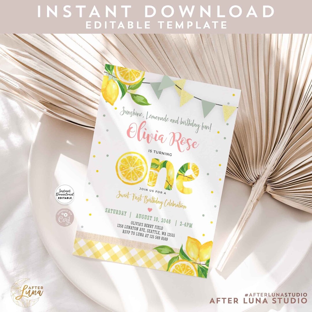 Editable Lemon 1st Birthday Lemon Lemonade Birthday Picnic First ...