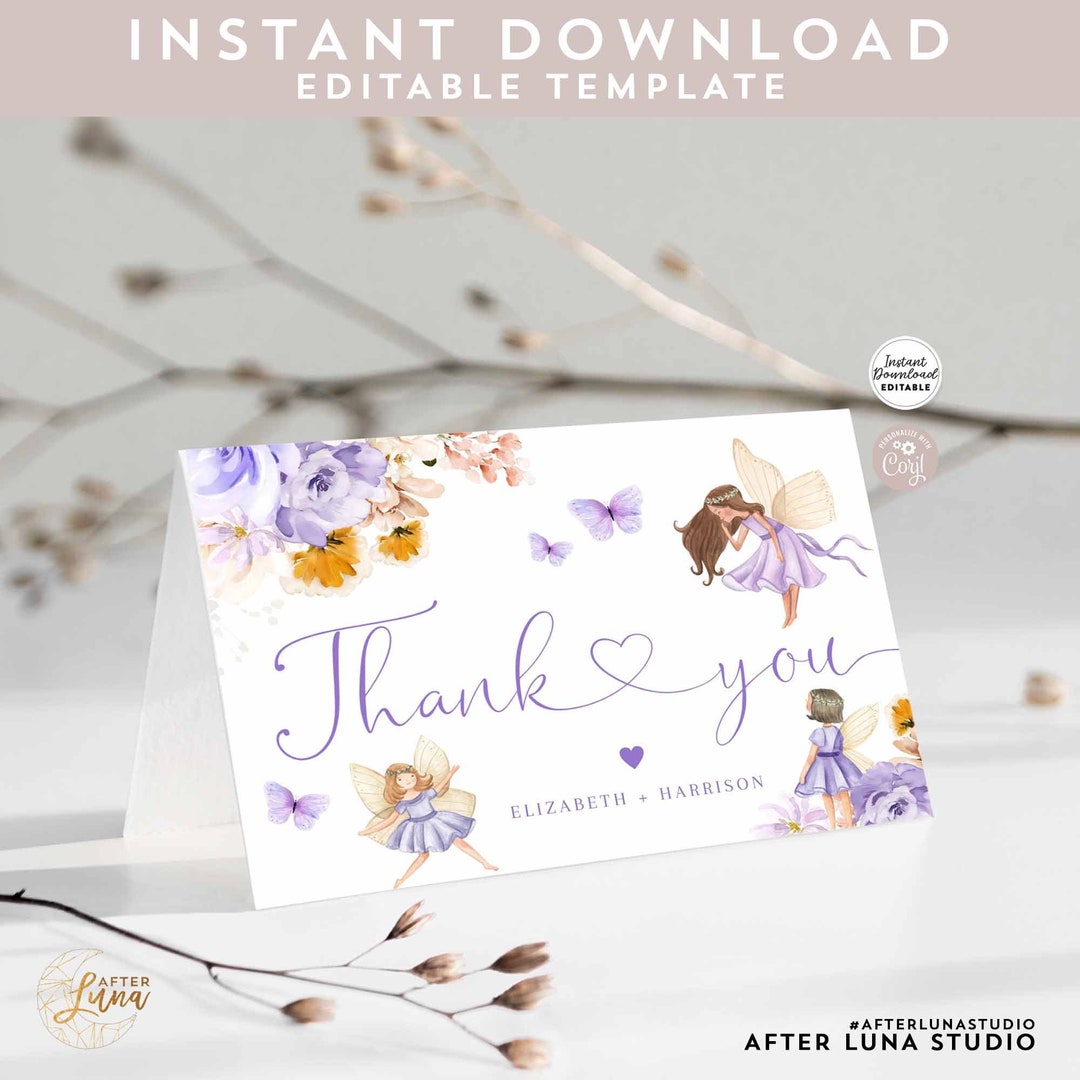Editable Personalized Purple Enchanted Wildflower Fairy Birthday Thank ...