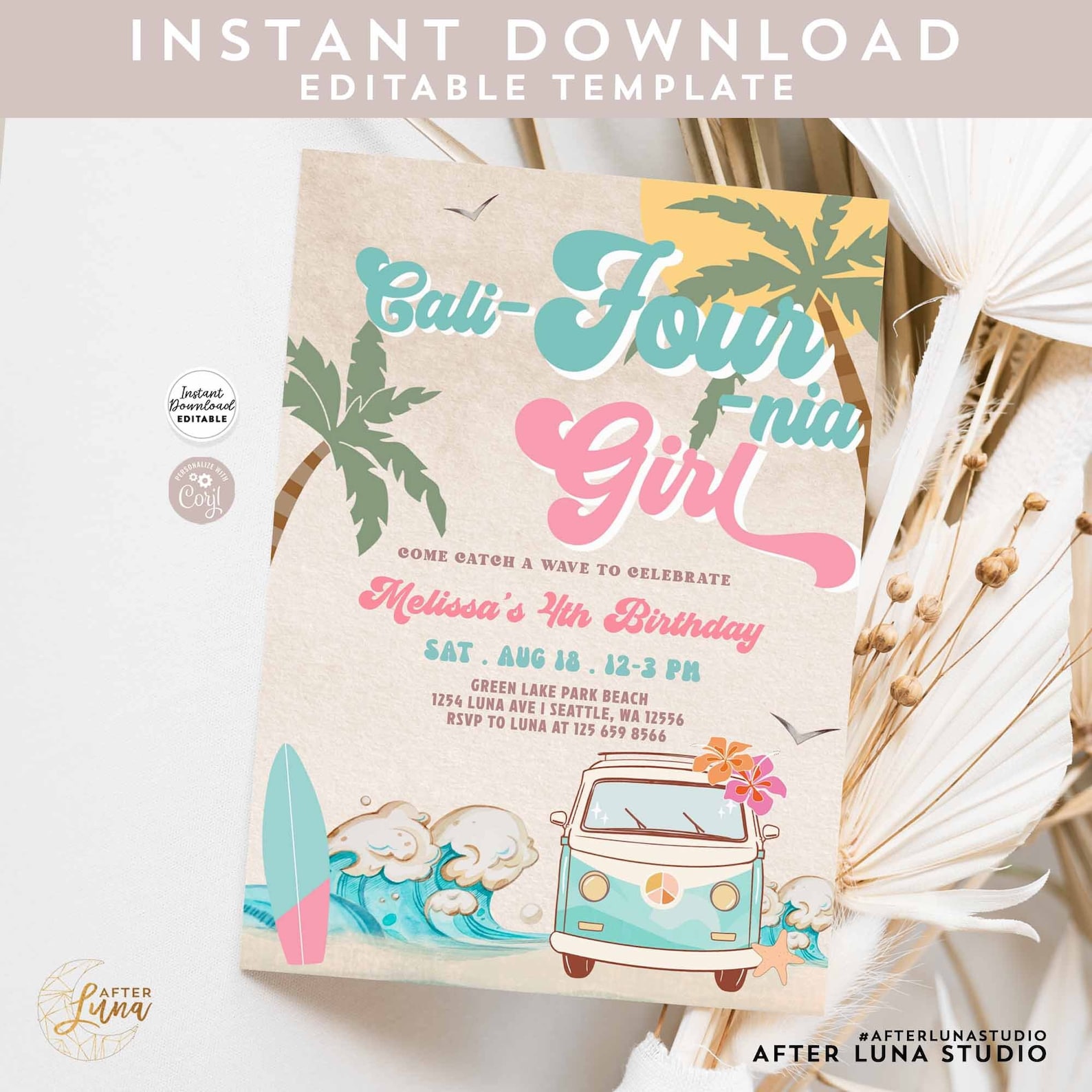 Editable Pink Mint Cali-four-nia Girl Surfing 4th Birthday Girl Surf ...