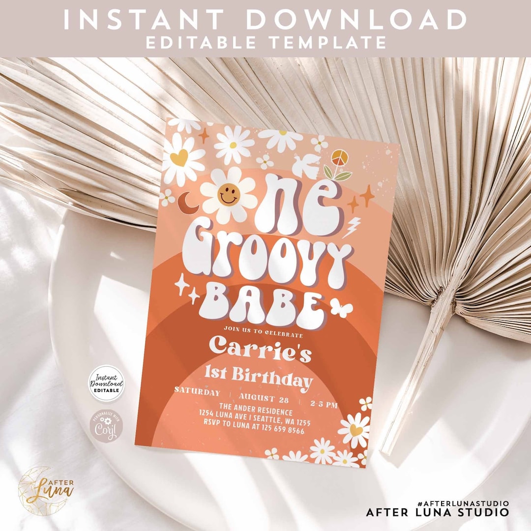 Editable Fall Groovy ONE 1st First Birthday Invite One Groovy Babe ...