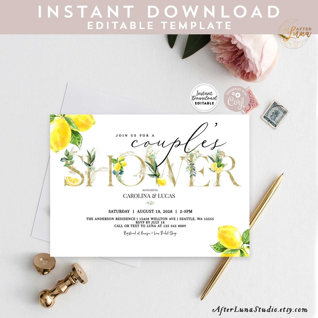 Editable Lemon Couple's Couples Shower Invitation Greenery Citrus ...