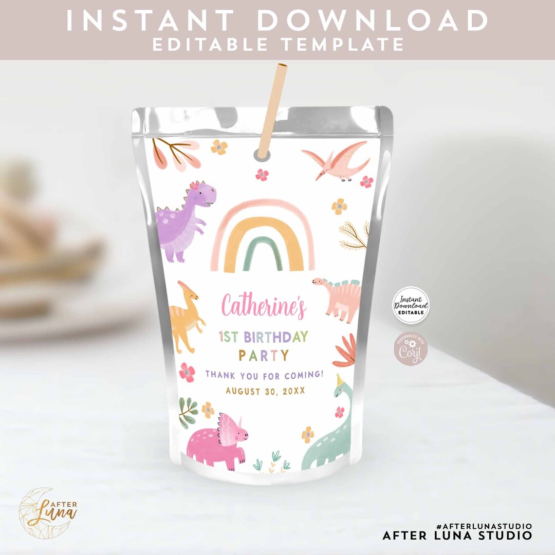 Editable Capri Sun Label Dino Birthday T Rex Pink Lavender Purple Dino ...