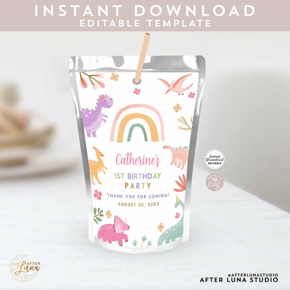 Editable Capri Sun Label Dino Birthday T Rex Pink Lavender - Etsy