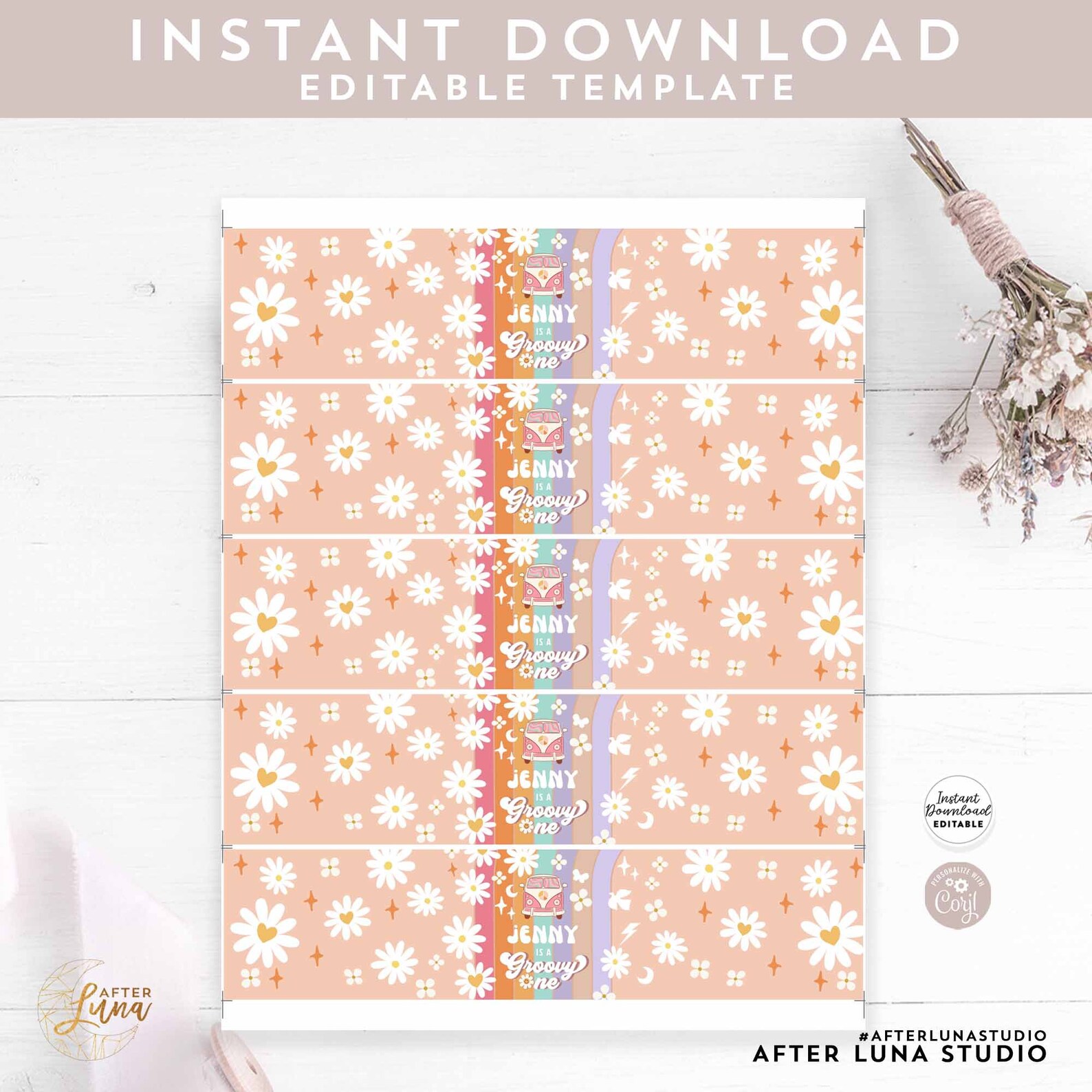 Editable Daisy Rainbow Pink Groovy Van TWO Groovy One Birthday - Etsy