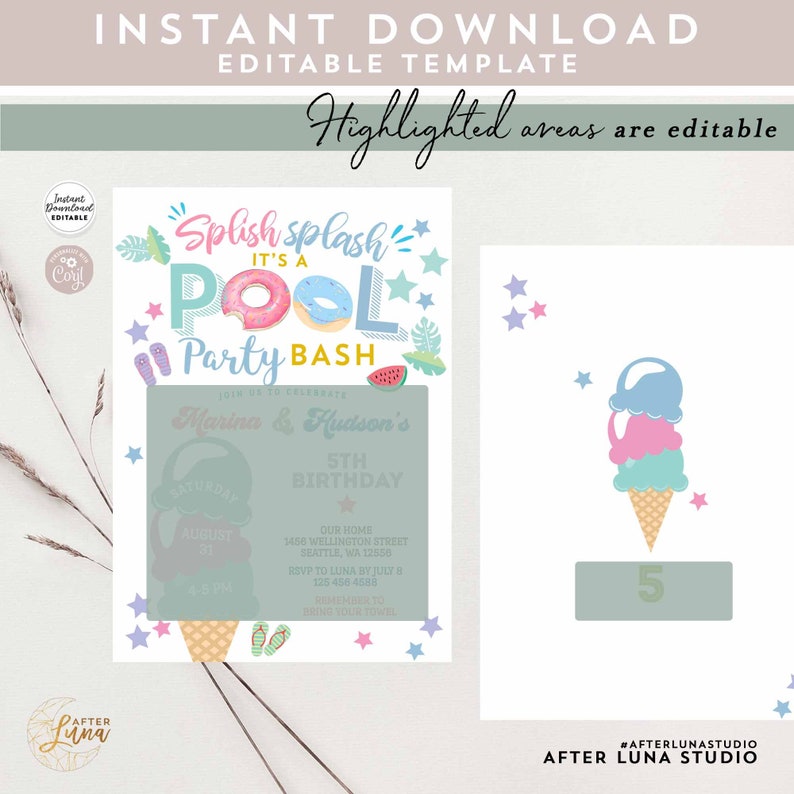Editable ANY AGE Pool Party Invitation Girl Boy Ice Cream Donut Pool ...