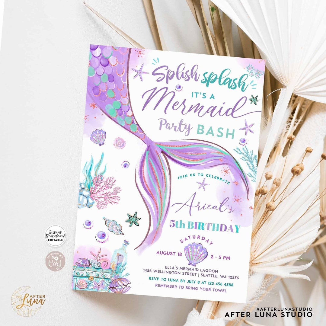 Editable Splish Splash Mermaid Party Under the Sea Purple Teal Birthday ...