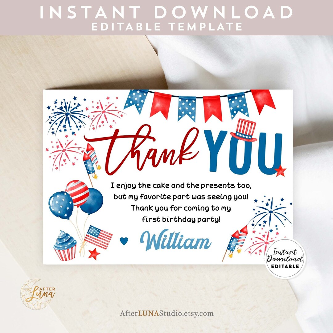 Editable 4th of July Thank You Card Fourth of July 4th Birthday Party ...