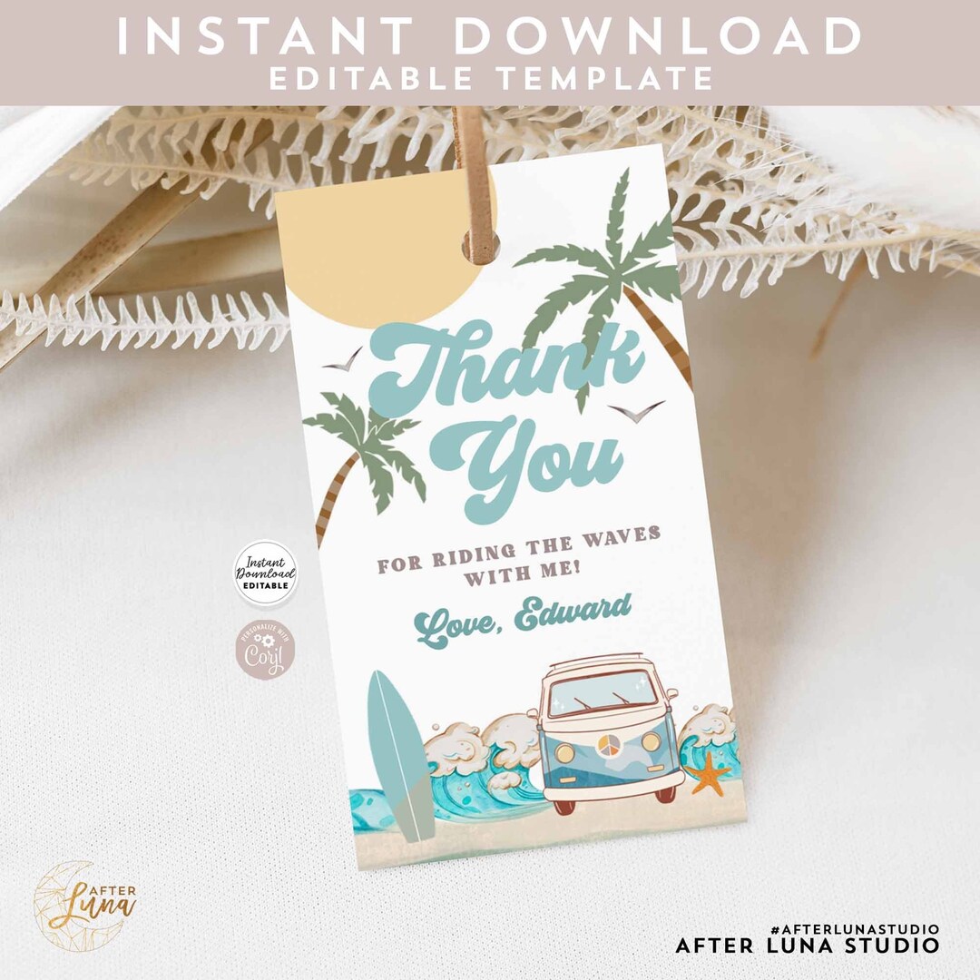 Editable Surf Tag Boy the Big One Surf up Birthday Party Favor Label ...