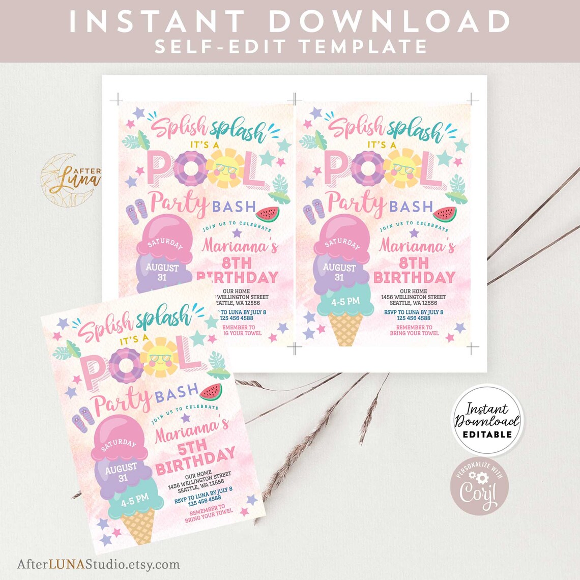 Editable Pool Party Invitation Girl Ice Cream Pool Party Invite Pool ...