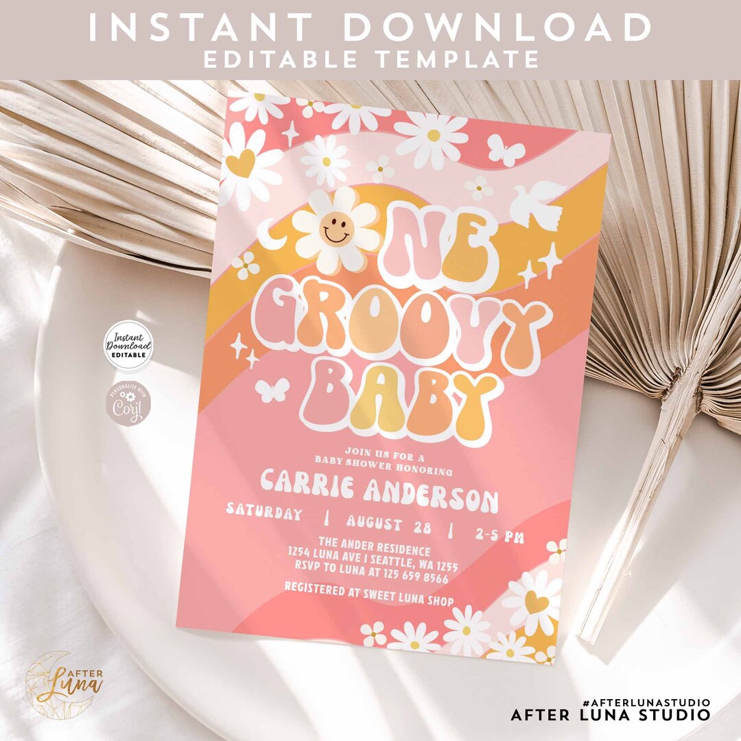 Editable One Groovy Baby Invite Pink Peach Groovy Daisy Hippie 70's ...