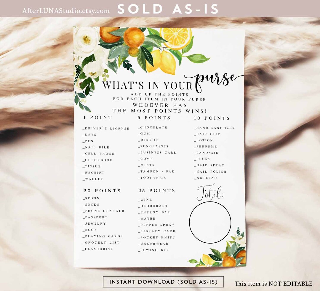 White Floral Orange Lemon Bridal Shower What's in Your Purse Game She ...