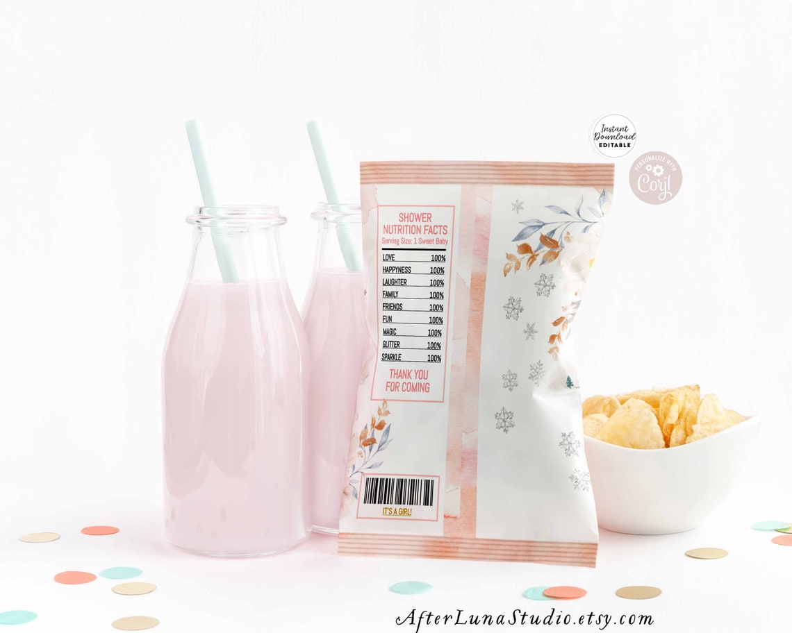 Editable ANY Wording Winter Woodland Pink Blush Chip Bag Wrapper Shower ...