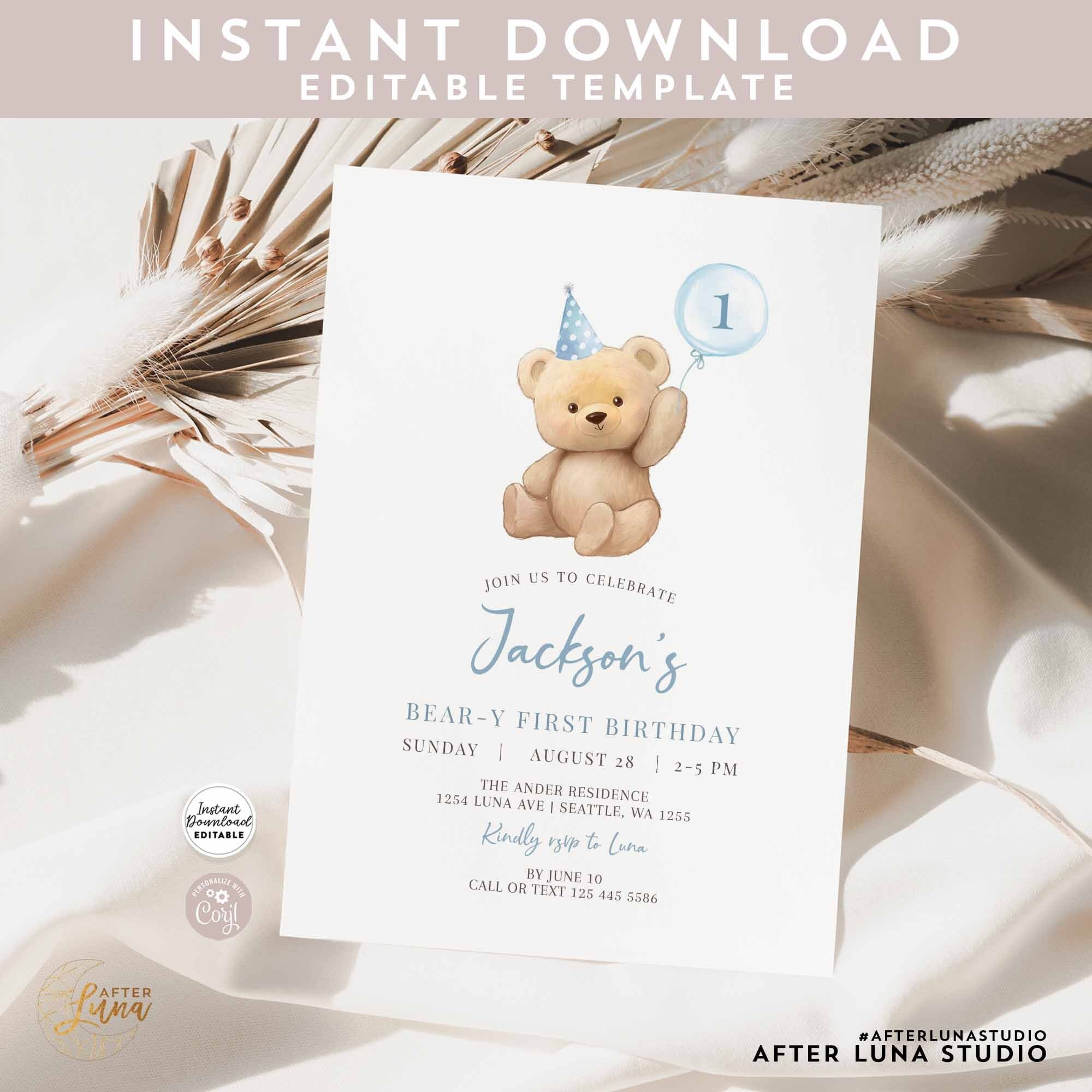 Editable ANY AGE Boy Teddy Bear Birthday Invitation Blue - Etsy