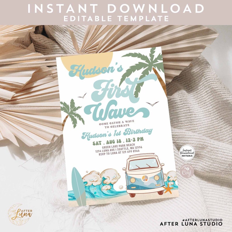 Editable First Wave Party Surfing Birthday Party Invitation Retro Boy ...
