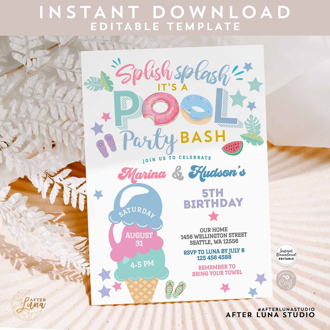 Editable ANY AGE Pool Party Invitation Girl Boy Ice Cream Donut Pool ...