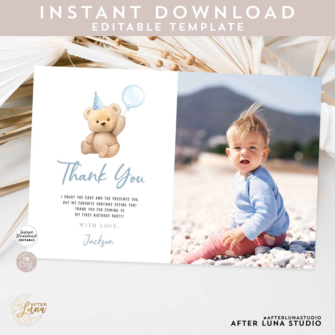 Editable 4x6" Photo Thank You Card Boy Teddy Bear Birthday Blue Balloon ...