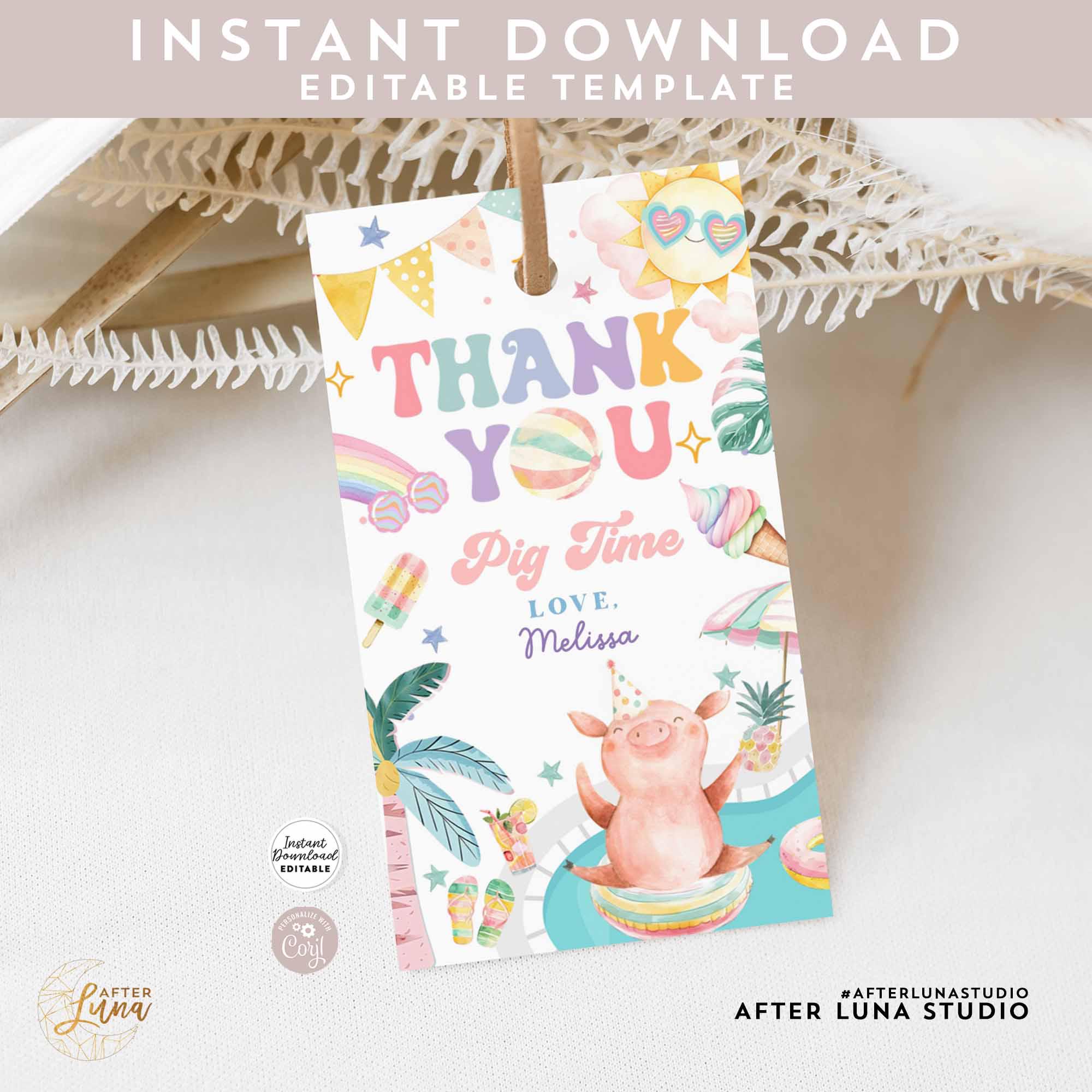 Editable Pig Pool Party Favor Tag: Girl Pig Out Birthday Template ...
