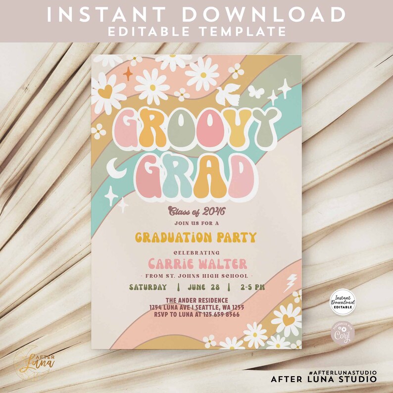 Editable Groovy Grad Graduation Invite Groovy Grad Party Daisy - Etsy