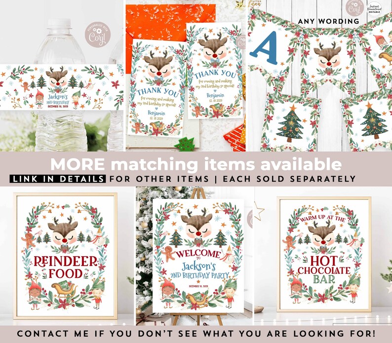 Editable Christmas Boy Reindeer Birthday Thank You Flat Card Reminder ...
