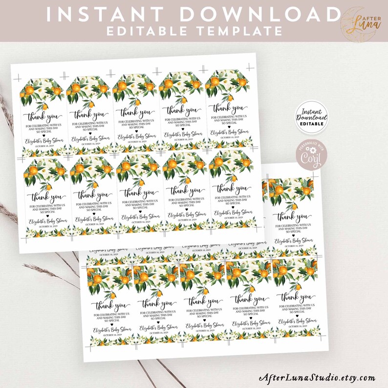 Editable Orange Thank You Favor Tag 3.5x2" A Little Cutie Baby Shower ...