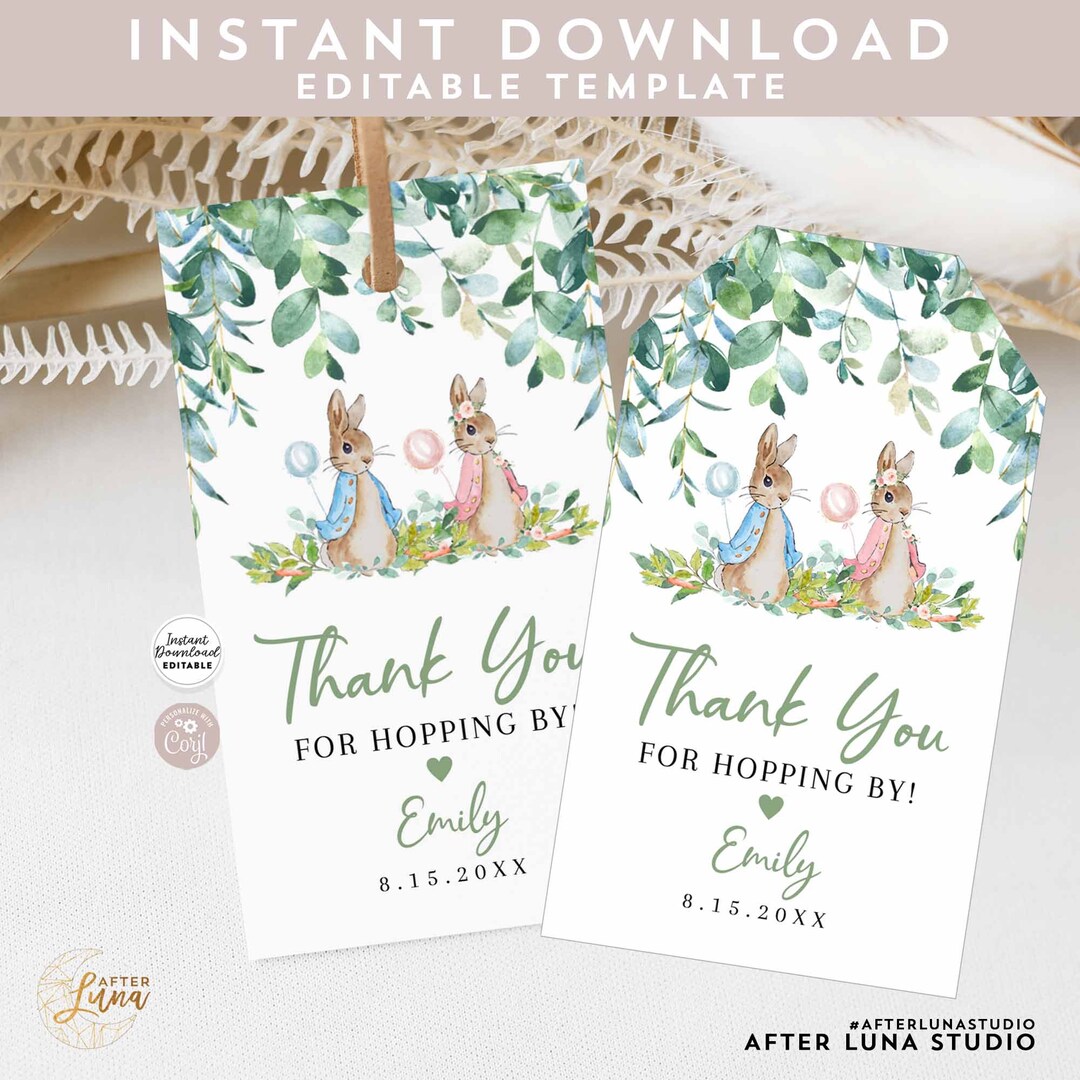 Editable Greenery Twin Boy Girl Flopsy Peter Rabbit Thank You Favor ...