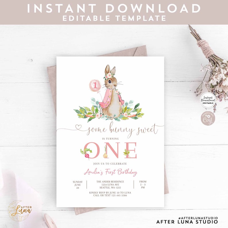 Editable Flopsy Bunny Pink Peter Rabbit Birthday Invitation - Etsy