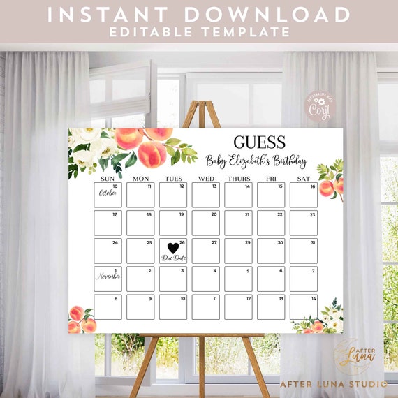 Editable Sweet Peach Due Date Calendar Sign 18x24 | Etsy