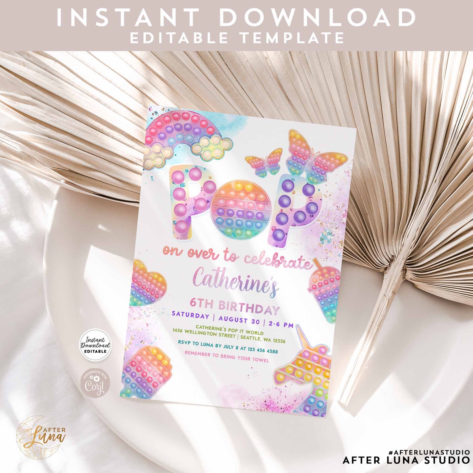 Editable ANY AGE Pop It Birthday Invitation Printable Pop It Unicorn ...