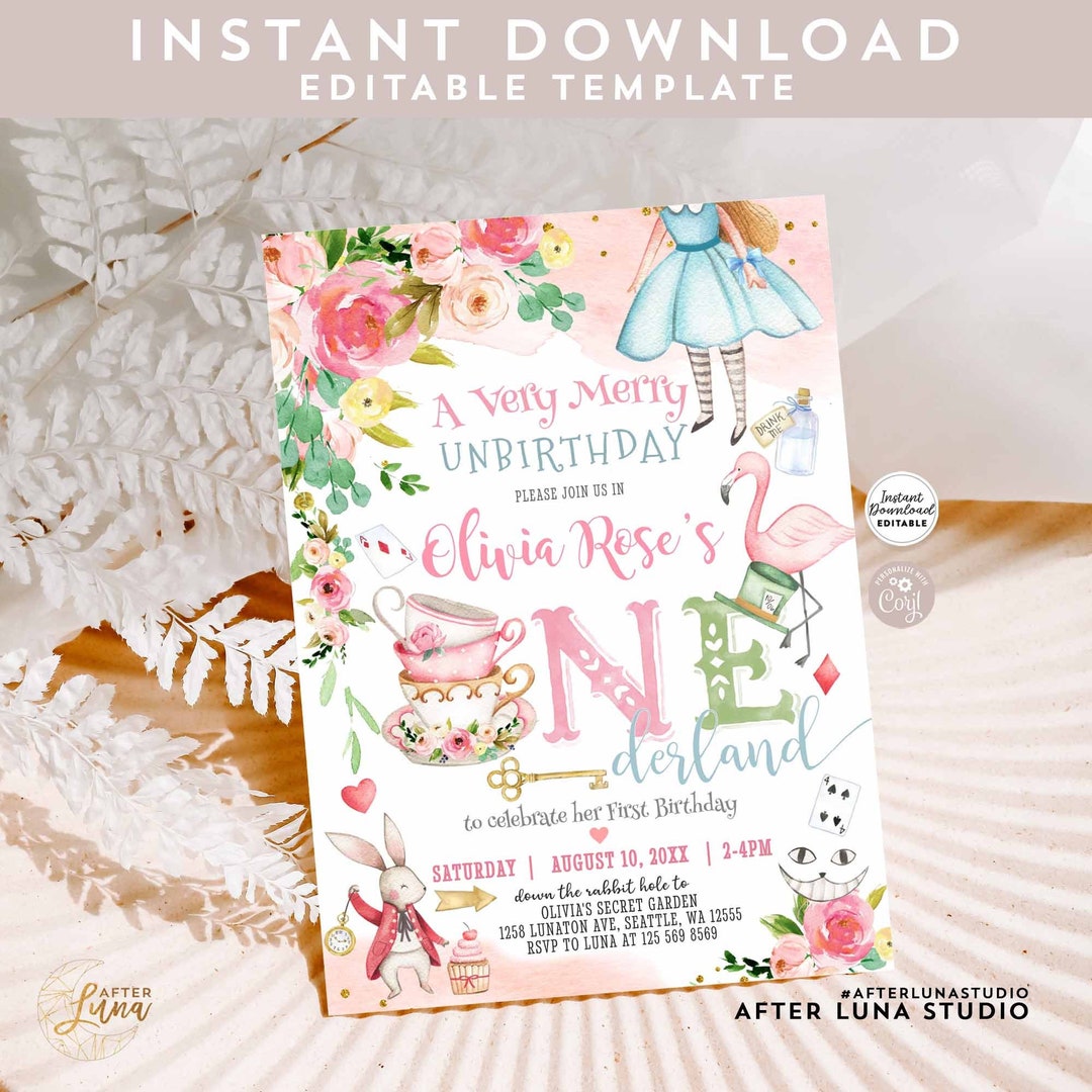 Editable Alice in Wonderland Merry Unbirthday Alice in Onederland 1st ...
