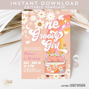 Editable ONE Groovy Girl Pink Peach Van Daisy Rainbow Groovy 1st ...