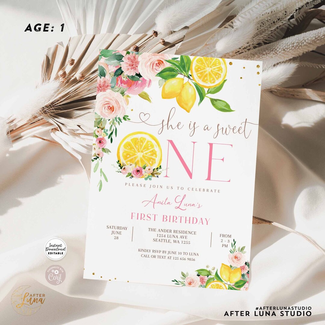 Editable Pink Lemonade First Birthday Invitation Sweet One Lemon ...