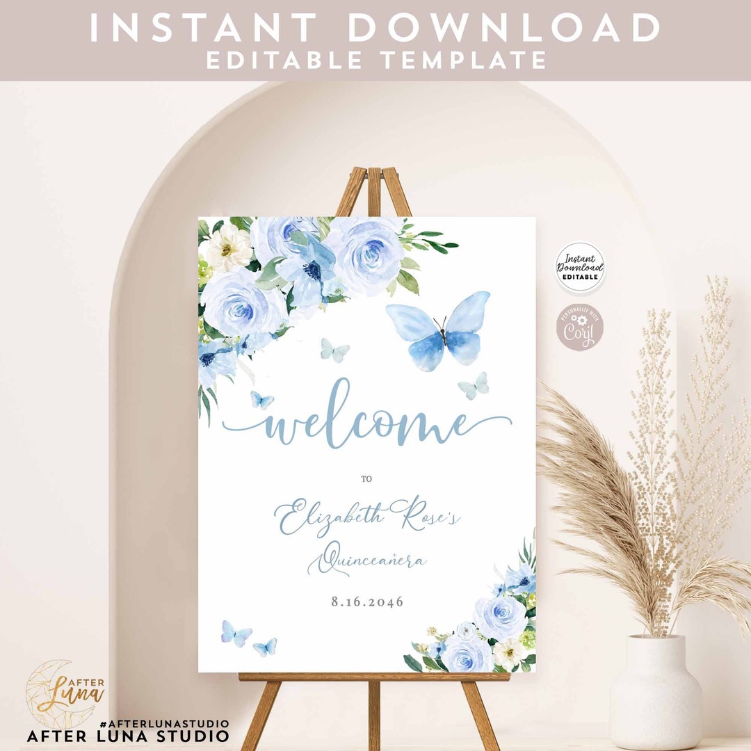 EDITABLE Blue Butterfly Girl Butterfly Sweet 15 16 Quinceniera Baby ...