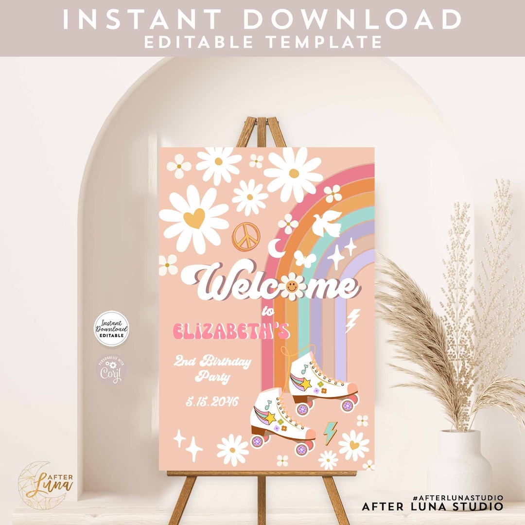 Editable Groovy Roller Skate Party Decor ANY AGE Welcome Sign Daisy ...