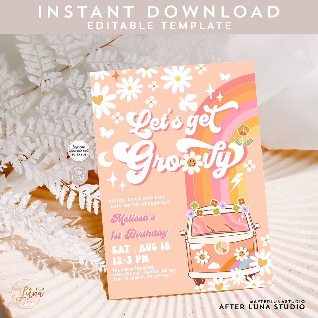 Editable Let's Get Groovy Birthday Invite Bright Pink Peach Two Groovy ...