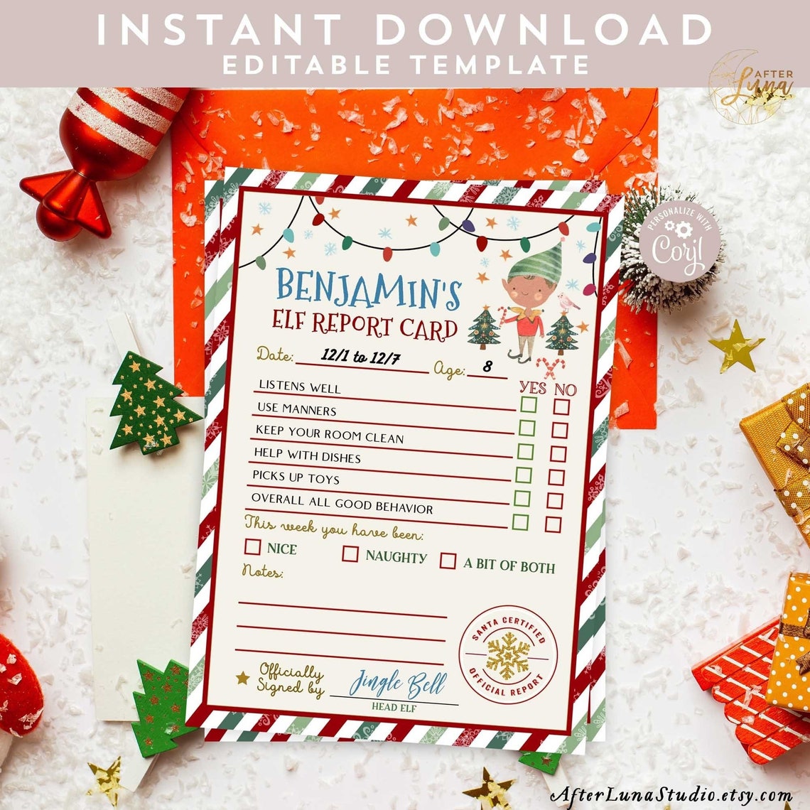 EDITABLE Boy Elf Report Card Printable Green Red Stripes Elf | Etsy Canada