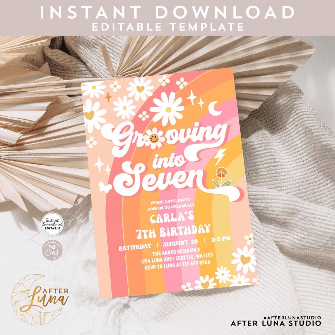 Editable Grooving Into Seven Birthday Invite Bright Pink Peach 7th ...