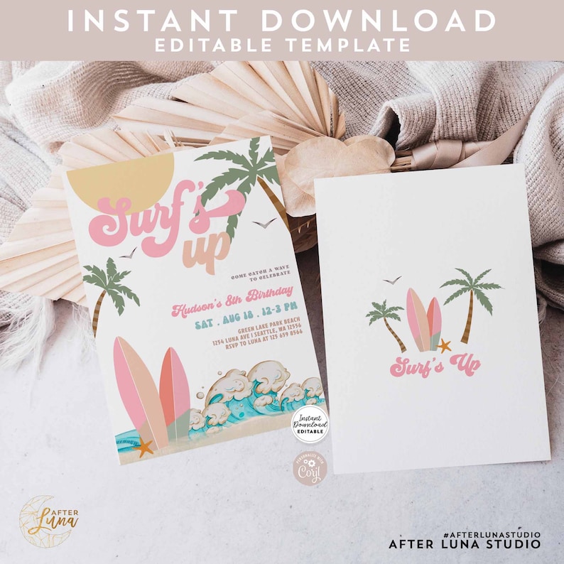 Editable ANY AGE Girl Pink Peach Surf Surfing Birthday Party Invitation ...
