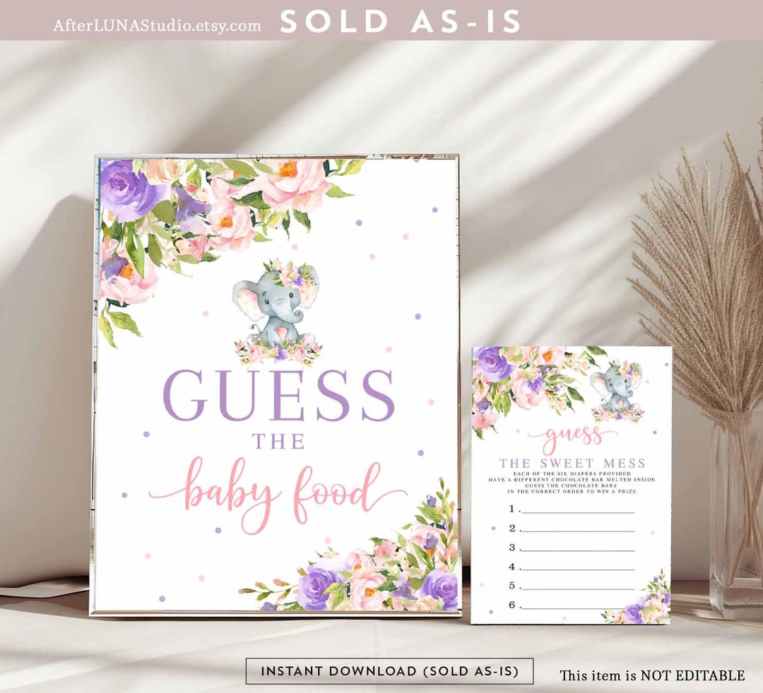 Pink Purple Elephant Baby Shower Game Guess the Baby Food Game Girl ...