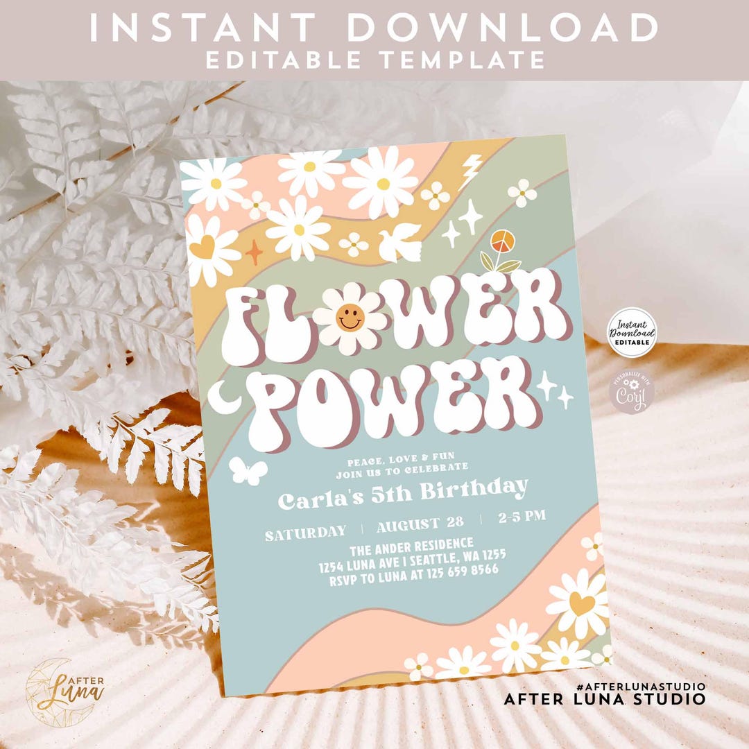 Editable Muted Green Blue Flower Power Birthday Invite Daisy Hippie 70s ...