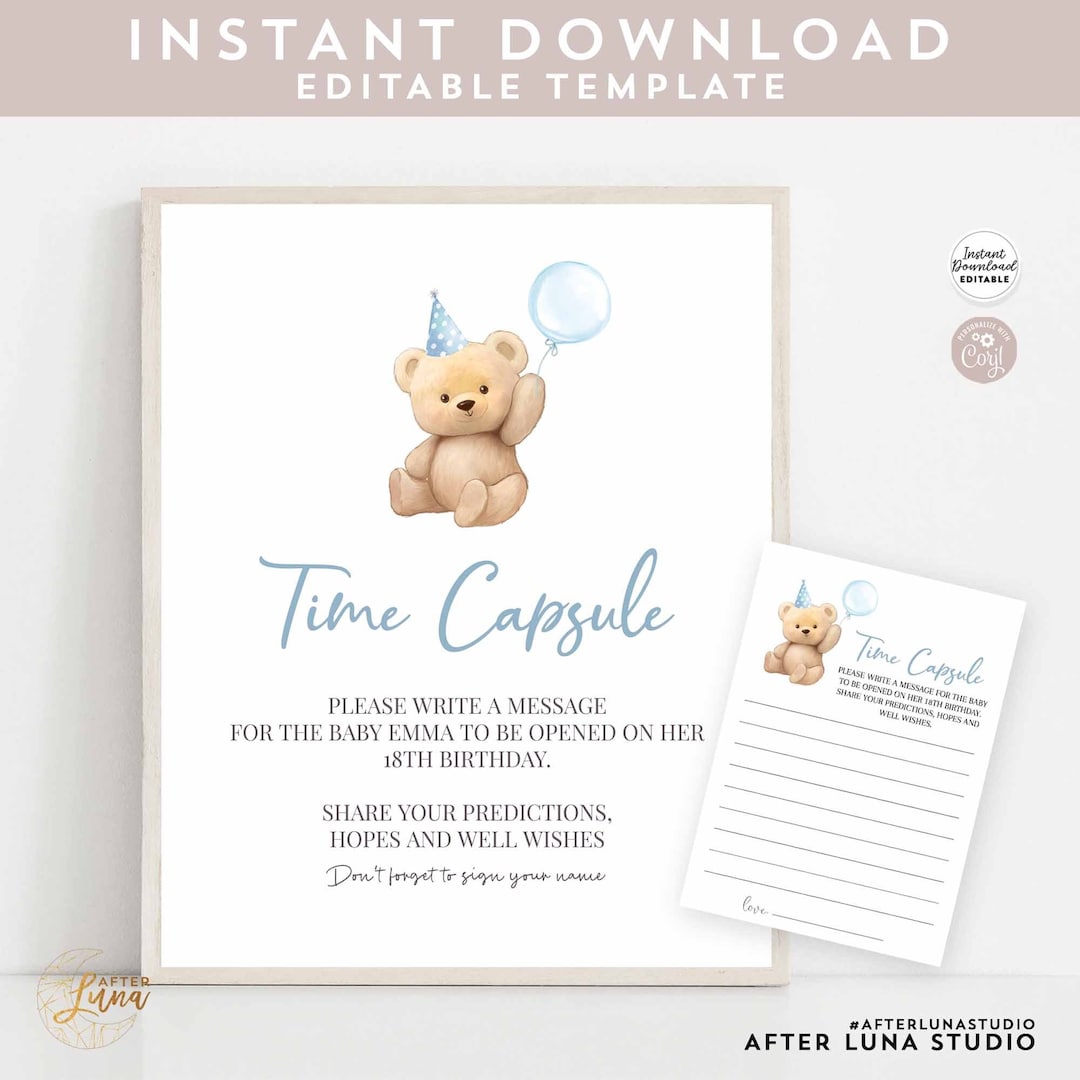 Editable Blue Boy Teddy Bear Birthday Time Capsule Sign Card Birthday ...